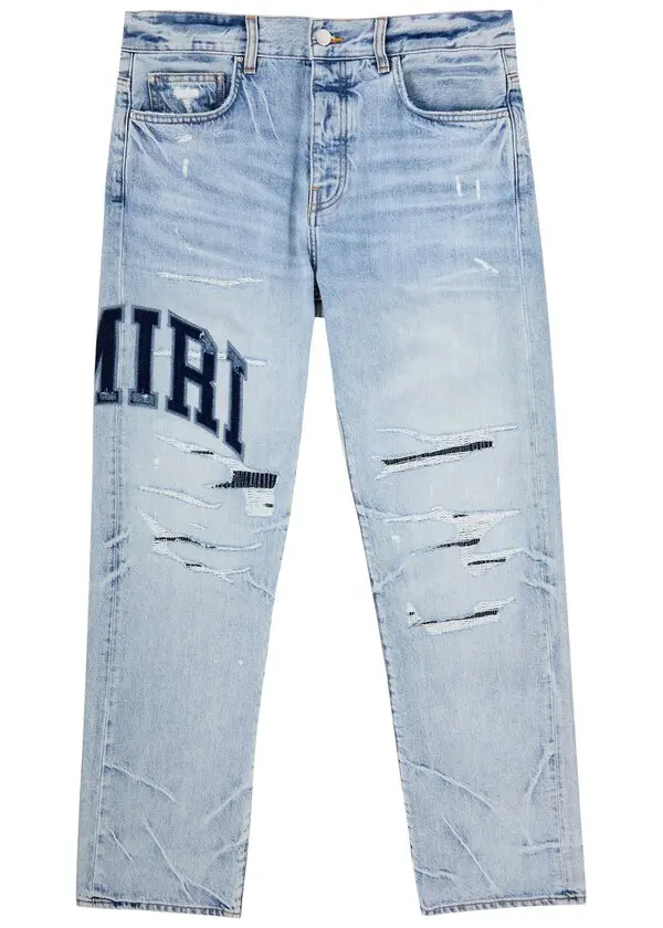 Amiri Logo Distressed Straight-Leg Jeans In Blue 60% Off