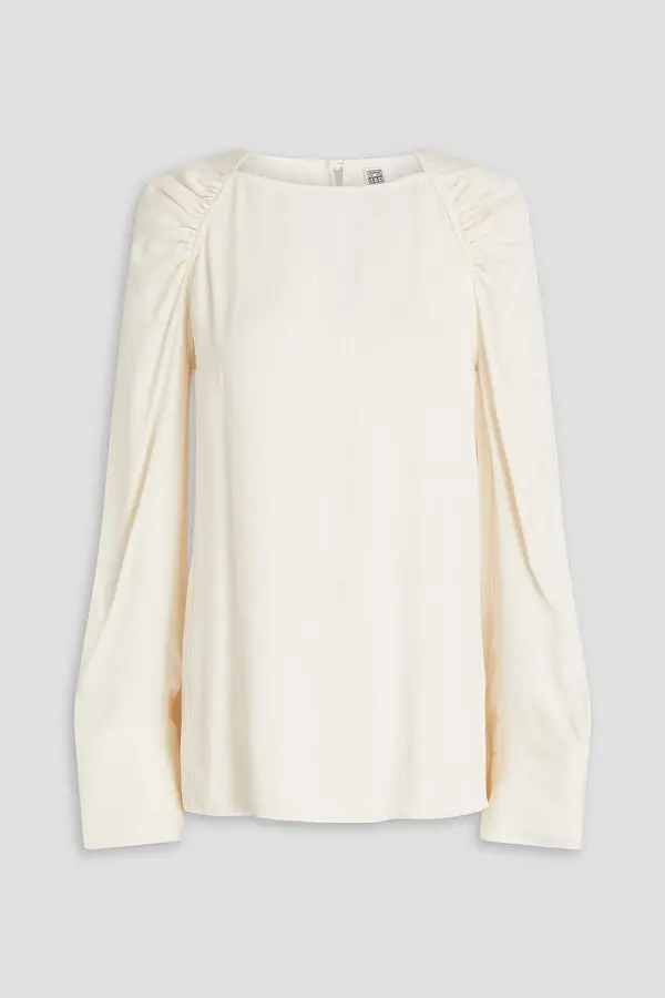 TOTEME Ruched Satin-crepe Top With Faux Pearl Details