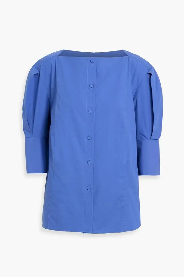 Another Tomorrow Oversized Pleated Cotton-poplin Top - Cobalt Blue