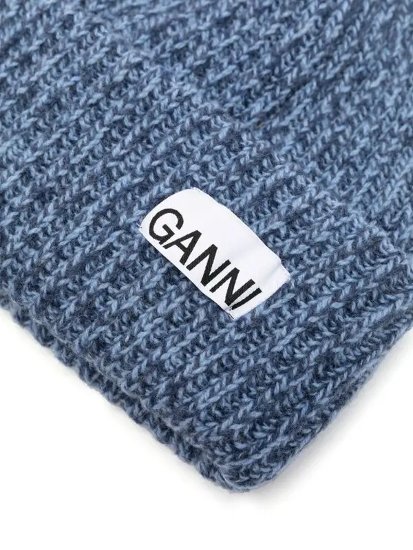 Ganni Logo-Patch Ribbed Beanie In Blue - 7% Off | Editorialist