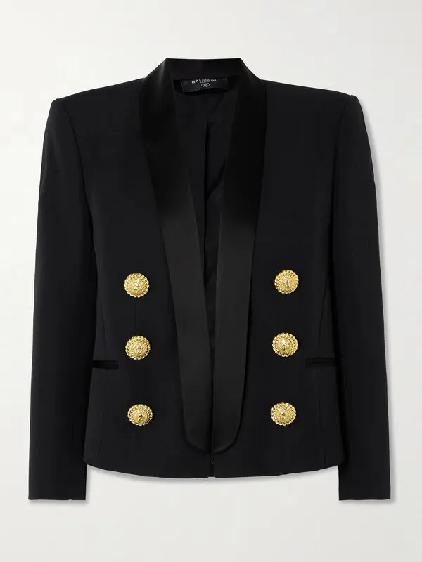 Balmain Embellished Satin-trimmed Grain De Poudre Wool Jacket