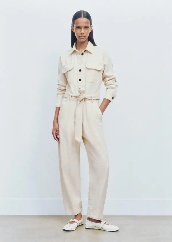 ME+EM Cotton Herringbone Utility Jumpsuit - Ecru