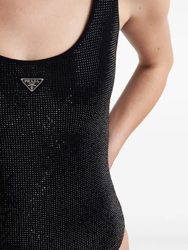 Prada Embellished Jersey One-piece Swimsuit With Triangle Logo - Black