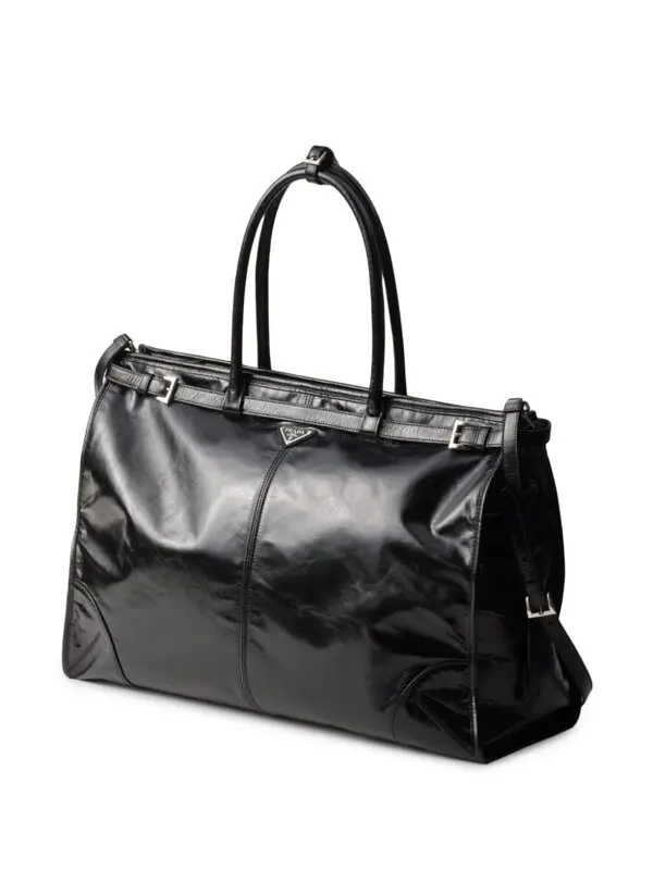 Prada Leather Tote Bag With Triangle Logo - Black