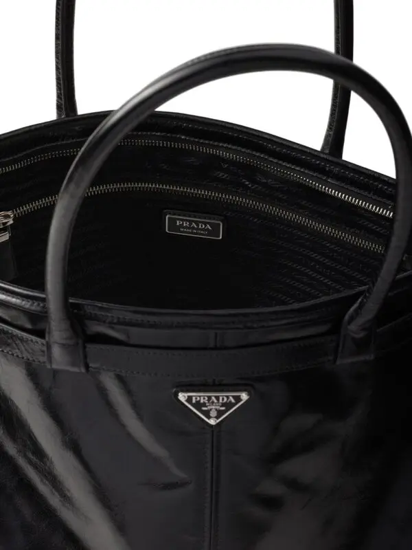 Prada Leather Tote Bag With Triangle Logo - Black