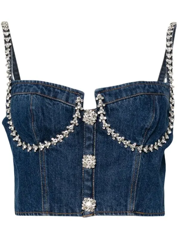 SELF-PORTRAIT Crystal-embellished Denim Bustier Top - Blue