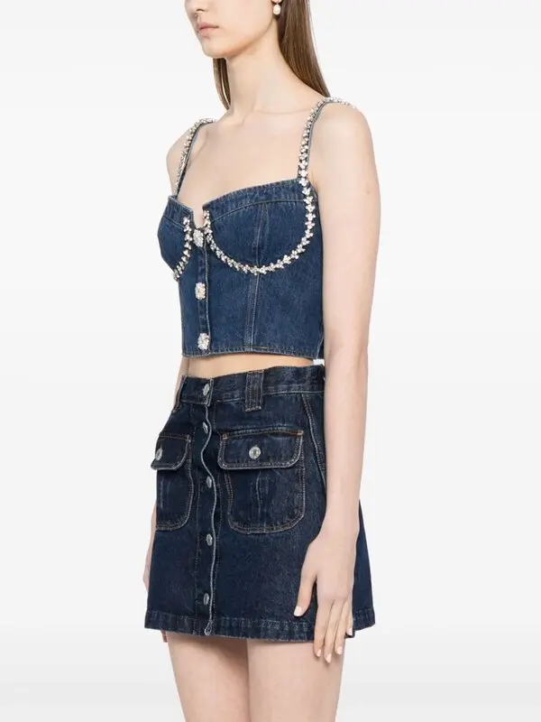 SELF-PORTRAIT Crystal-embellished Denim Bustier Top