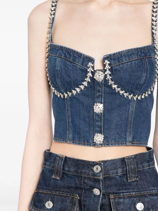 SELF-PORTRAIT Crystal-embellished Denim Bustier Top