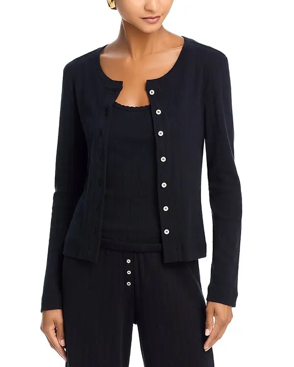 LESET Pointelle Crewneck Cardigan - Black