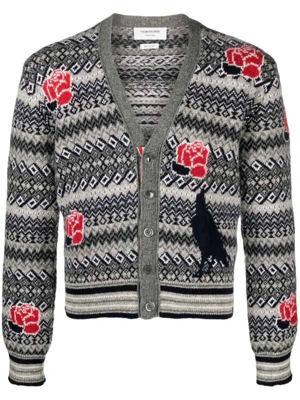 Thom Browne Intarsia Knit Wool-blend Cardigan - Grey