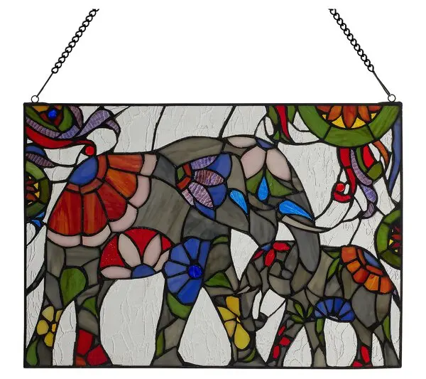 RIVER OF GOODS 20'w Mother/baby Elephant Staine D Glass Panel - One-color