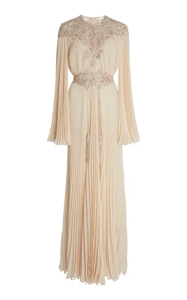 Zuhair Murad Embroidered Pliss Georgette Maxi Dress - Off-White |  Editorialist