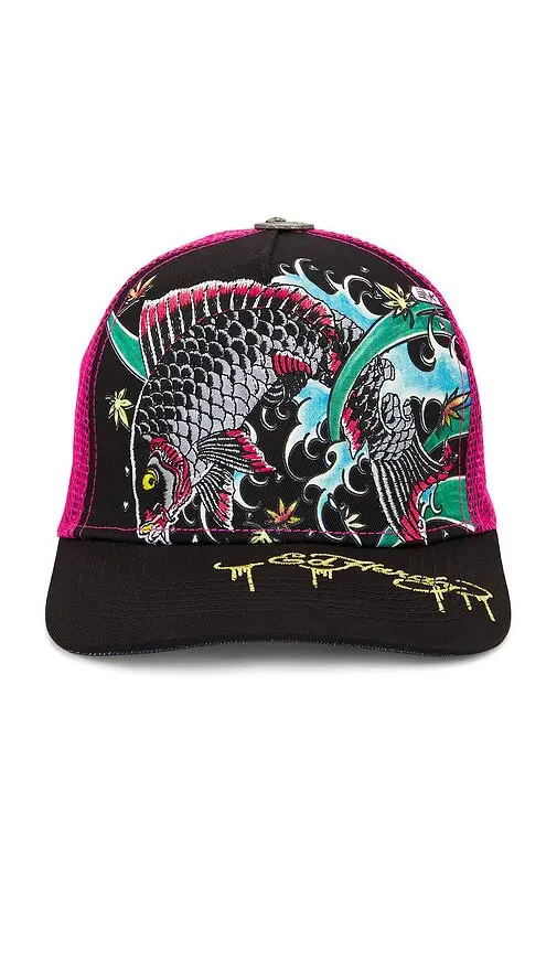 Ed Hardy Embroidered Koi Fish Trucker Cap In Black & Pink  display picture 1