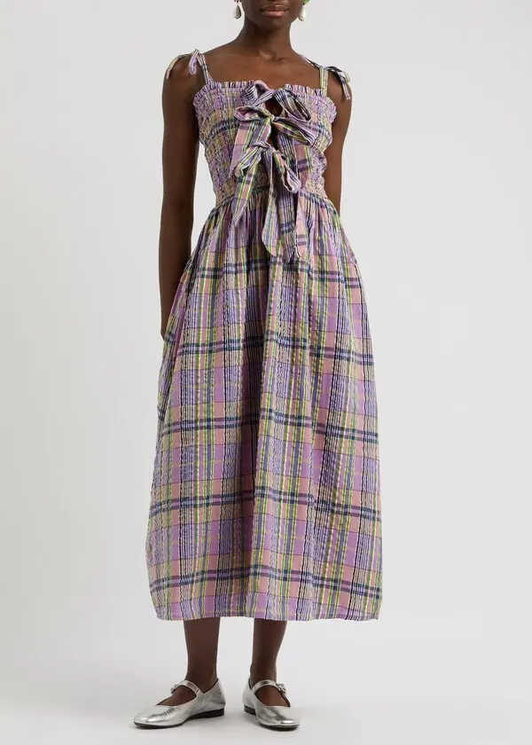 Damson Madder Hattie Checked Cotton Midi Dress In Lilac - 66% Off