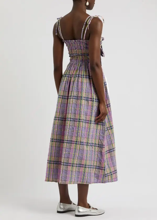 Damson Madder Hattie Checked Cotton Midi Dress In Lilac - 66% Off