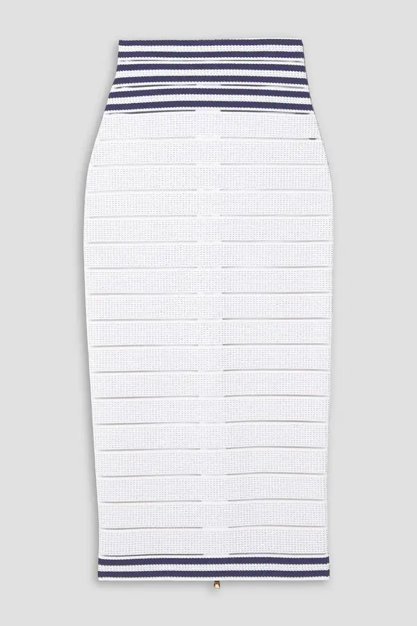 Balmain Striped Stretch Pointelleknit Pencil Skirt - White