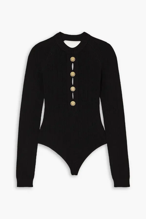 Balmain Open-back Button-embellished Ribbed-knit Bodysuit