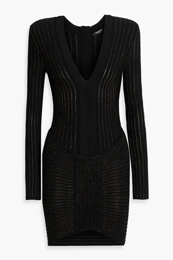 Balmain Metallic Ribbed-knit Mini Dress - Black
