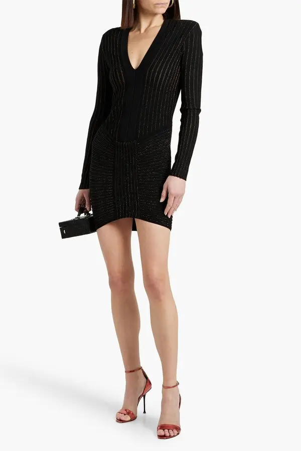 Balmain Metallic Ribbed-knit Mini Dress - Black