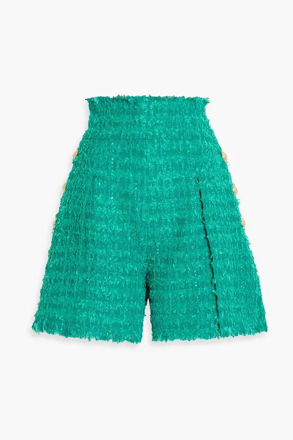 Balmain Frayed Cotton-blend Tweed Shorts - Jade