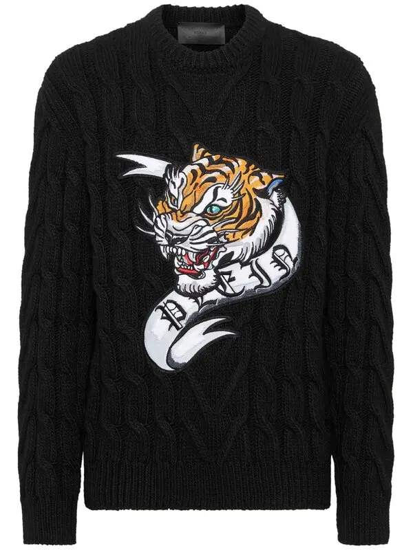Philipp Plein Tiger-appliqué Wool Jumper - Black