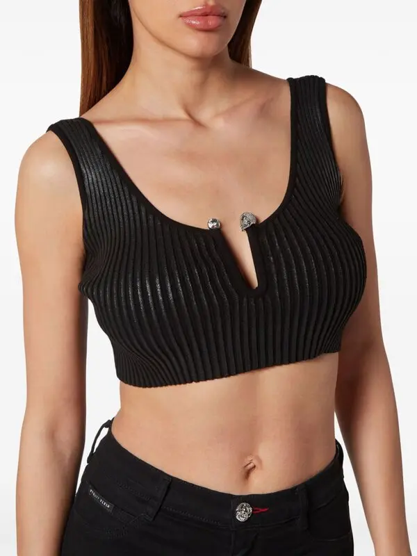 Philipp Plein Coated Ribbed-knit Cropped Top