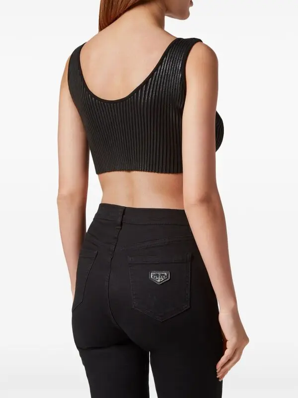 Philipp Plein Coated Ribbed-knit Cropped Top