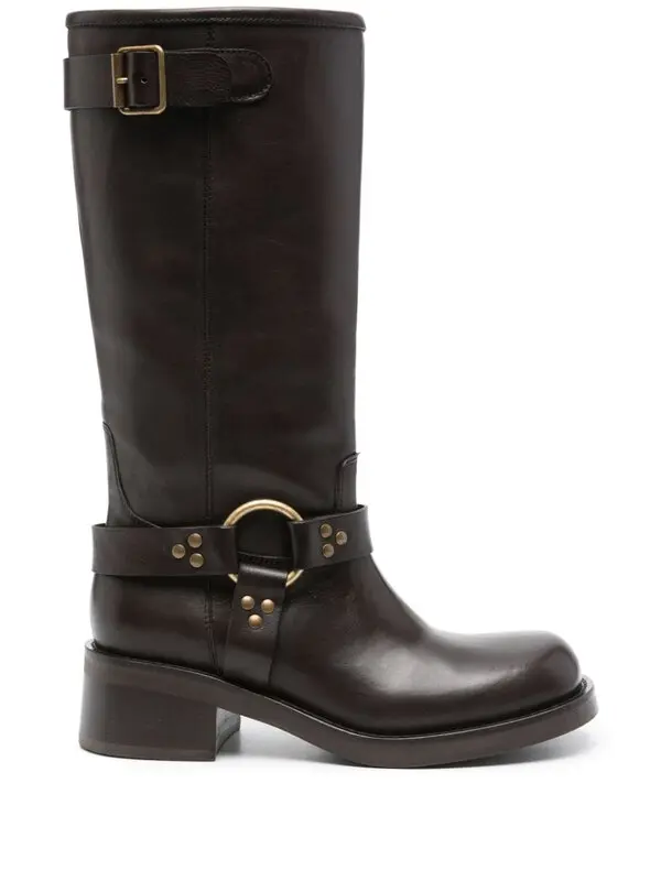 Stud-Detailing Leather Biker Boots Brown Editorialist