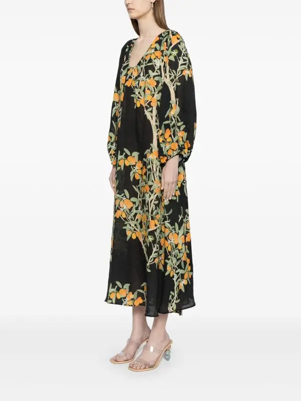 Bernadette Georgette Botanical-Print Long Dress - Black | Editorialist