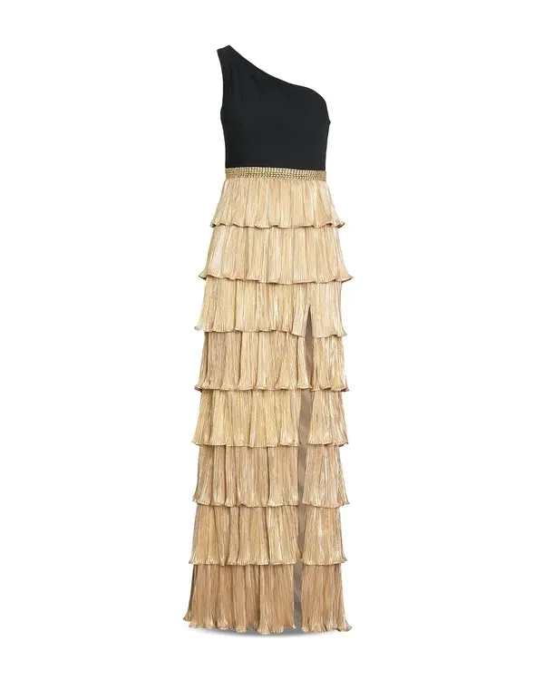 Mac Duggal Asymmetric Tiered Gown In Black Gold | Editorialist