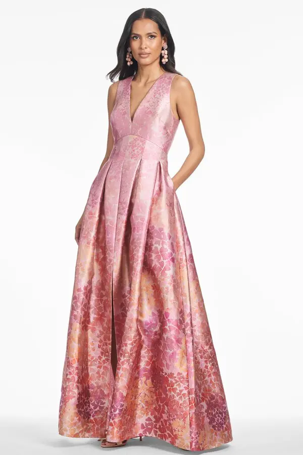 Sachin & Babi Brooke Floral Mikado V-neck Ball Gown - Light Sunset Hydrangea