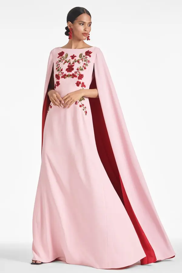 Sachin & Babi Vittoria Floral Embroidered Cape Gown - Morganite/ruby