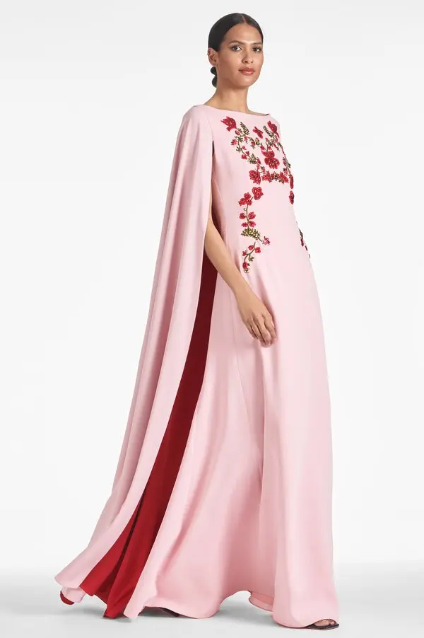 Sachin & Babi Vittoria Floral Embroidered Cape Gown - Morganite/ruby