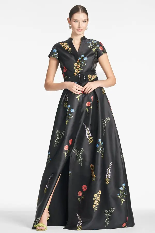 Sachin & Babi Floral Printed Mikado Gown - Noir Bouquet