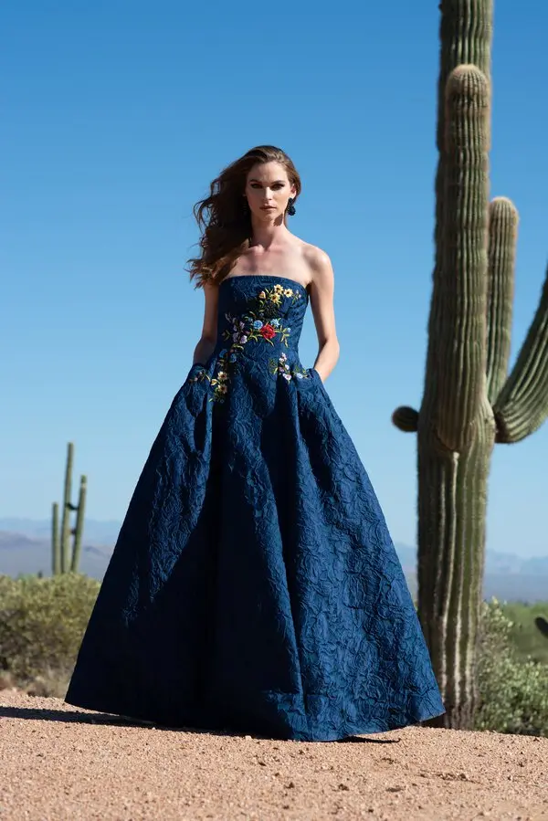 Sachin & Babi Belle Floral Embroidered Cloque Gown - Midnight