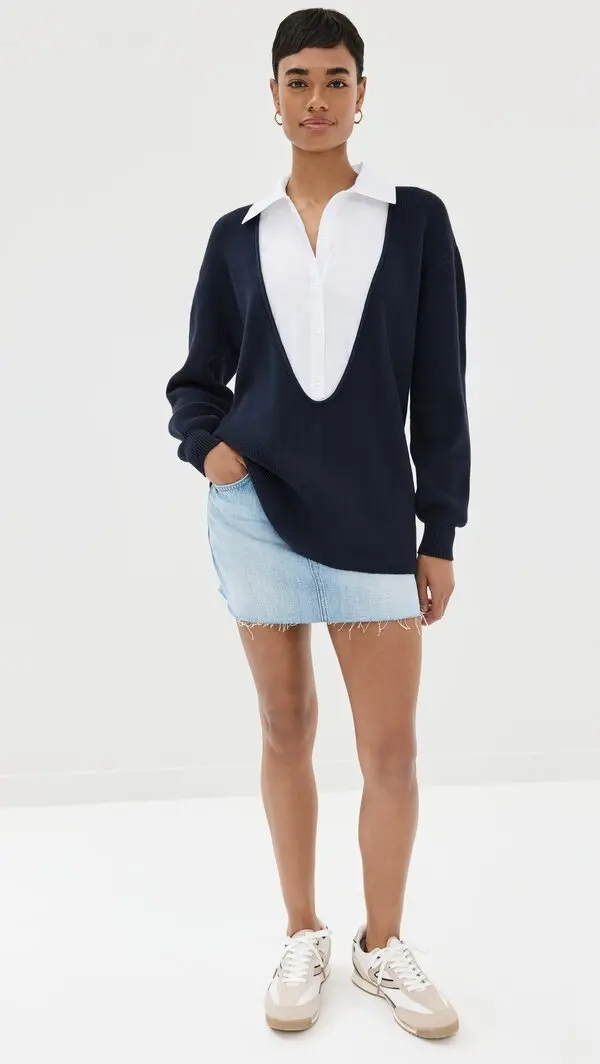 Staud Knit Sweater With Shirting Trim
