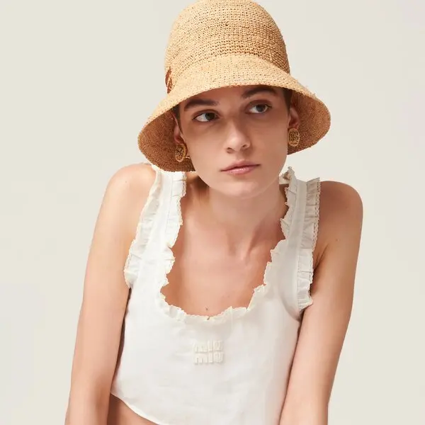 Miu Miu Woven Fabric Bucket Hat - Beige/Cognac | Editorialist