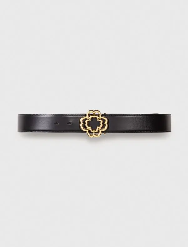 Maje Leather Belt With Clover Logo Buckle - Black
