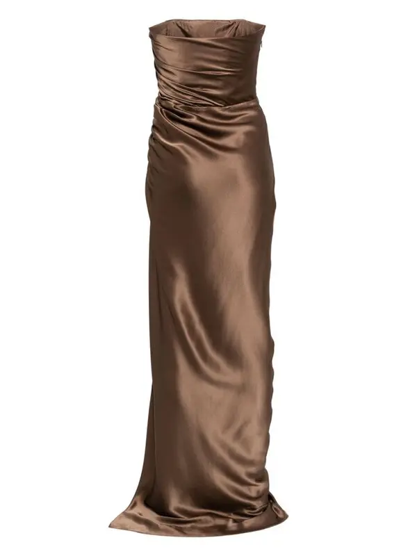 Michelle Mason Strapless Gathered Silk Gown - Brown