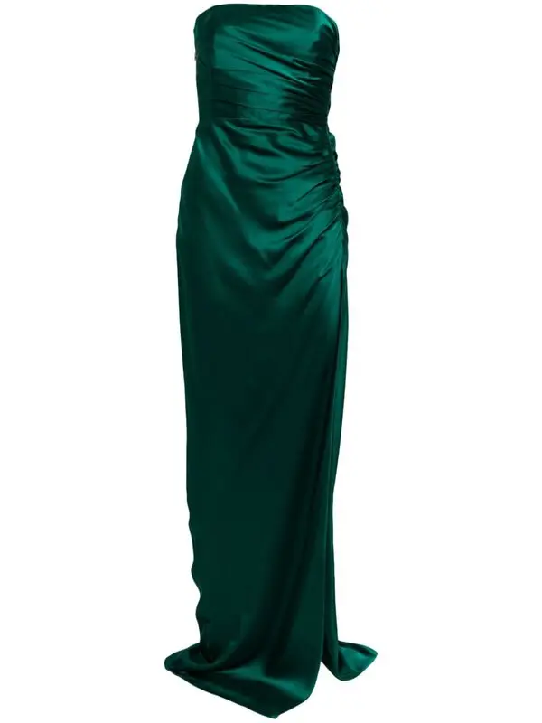 Michelle Mason Strapless Gathered Gown - Green