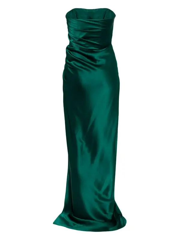 Michelle Mason Strapless Gathered Gown - Green
