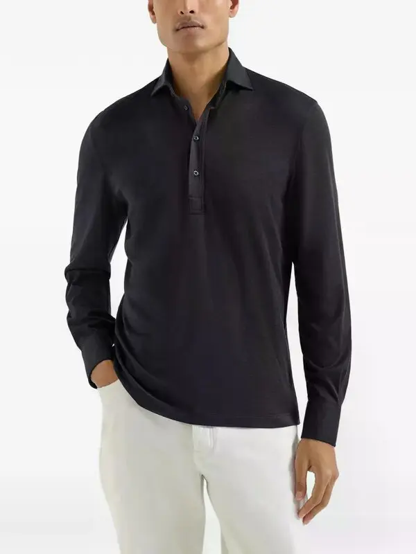 Brunello Cucinelli Silk And Cotton Lightweight Jersey Long Sleeve Polo - Blue
