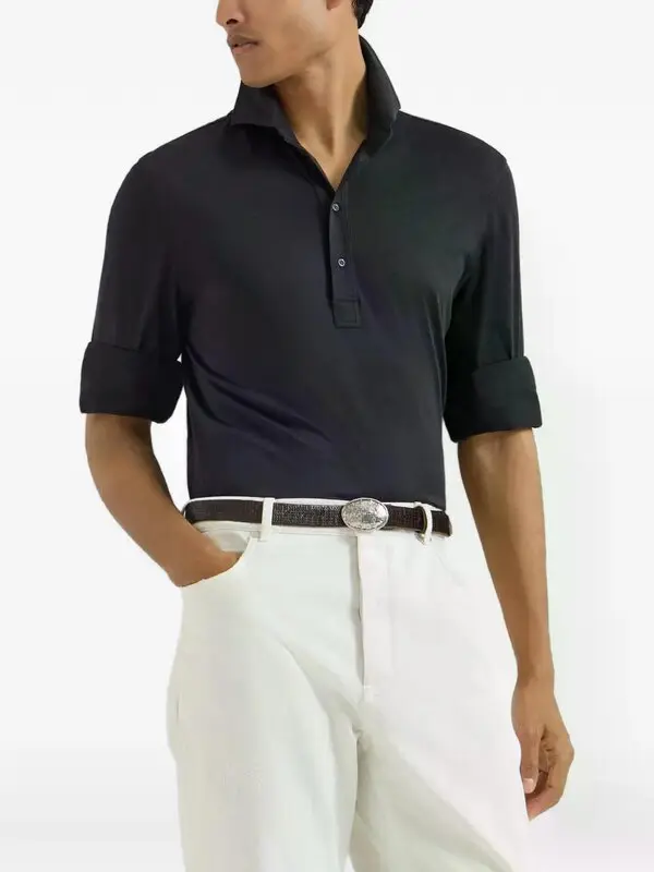 Brunello Cucinelli Silk And Cotton Lightweight Jersey Long Sleeve Polo - Blue