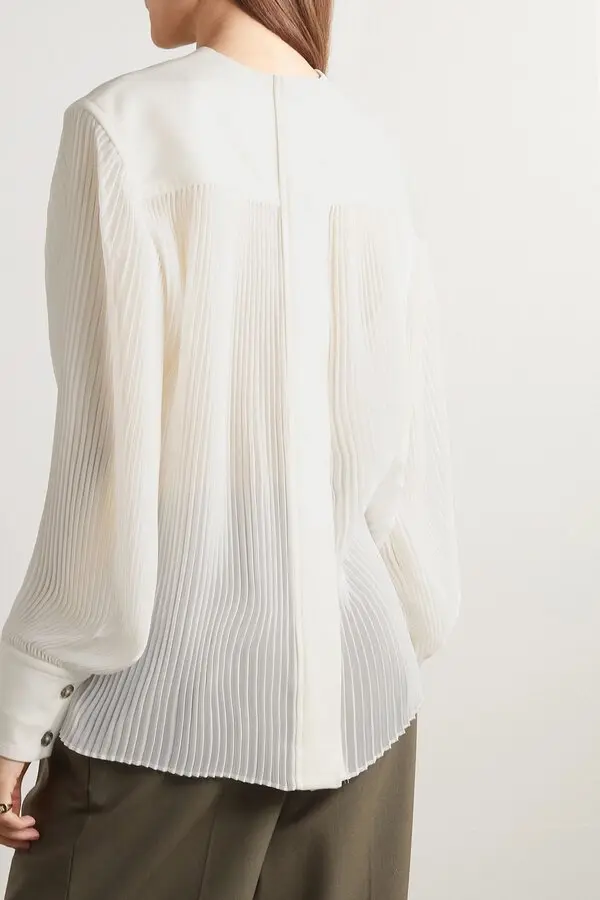 Proenza Schouler Crepe-paneled Plissé-chiffon Blouse - White