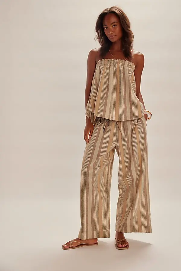 Free People Corfu Striped Cotton-linen Set - Brown Combo