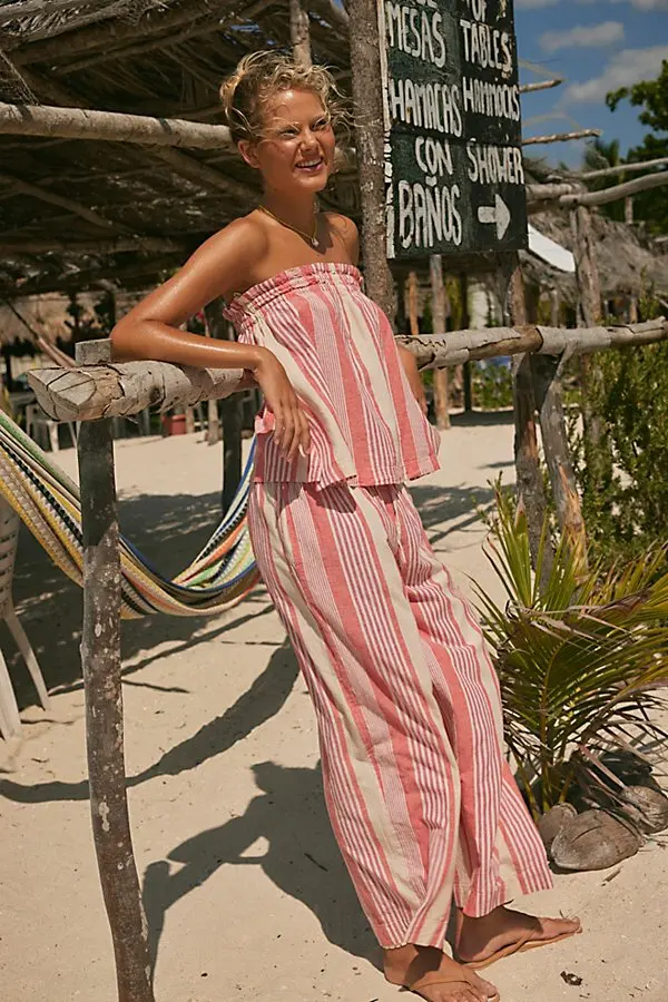 Free People Corfu Striped Cotton-linen Set - Poppy Combo