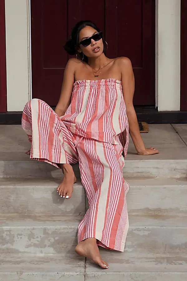 Free People Corfu Striped Cotton-linen Set - Poppy Combo