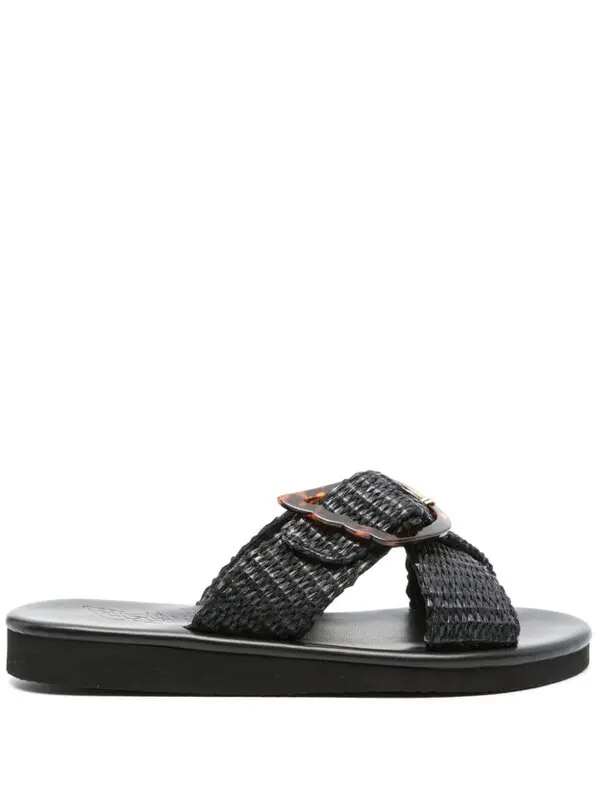 ANCIENT GREEK SANDALS Thais Straw Slides - Black