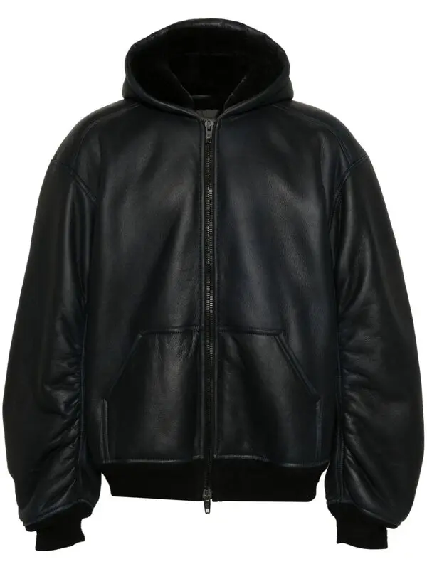 Balenciaga Hooded Leather Bomber Jacket In Blue - 35% Off