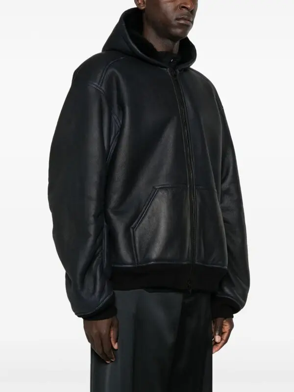 【BALR.】2way HOODED LEATHER BOMBER JACKET Lamb leather bomber jacket with removable mink collar - black